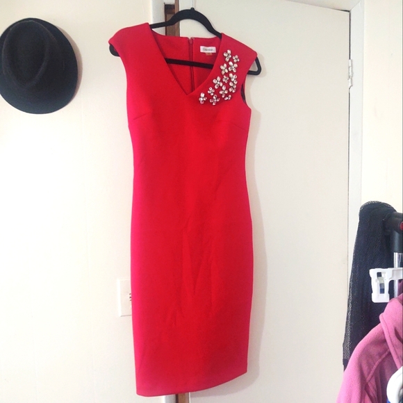 Calvin Klein | Dresses | Calvin Klein Red Dress With Shoulder Chest ...